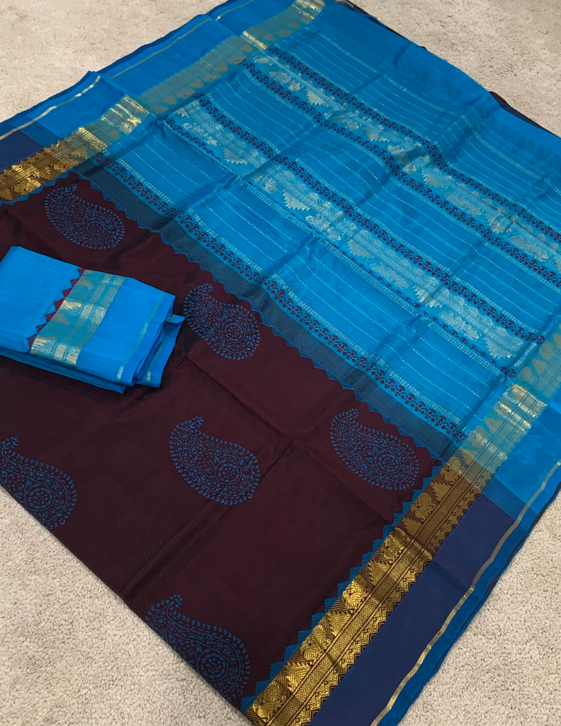 KSC - Double shaded Coffee Brown with Ananda Blue – Traditional Silk House