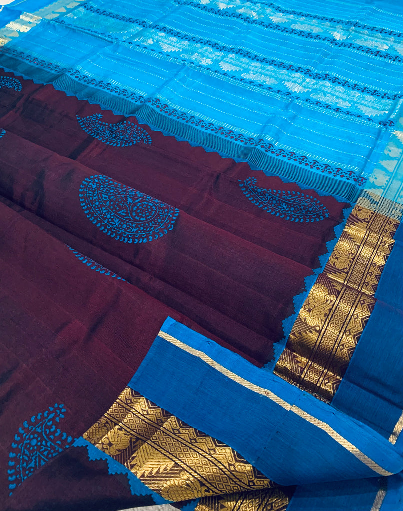 KSC - Double shaded Coffee Brown with Ananda Blue – Traditional Silk House